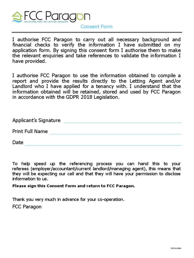 Consent Form: Please Sign This Consent Form and Return To FCC Paragon ...