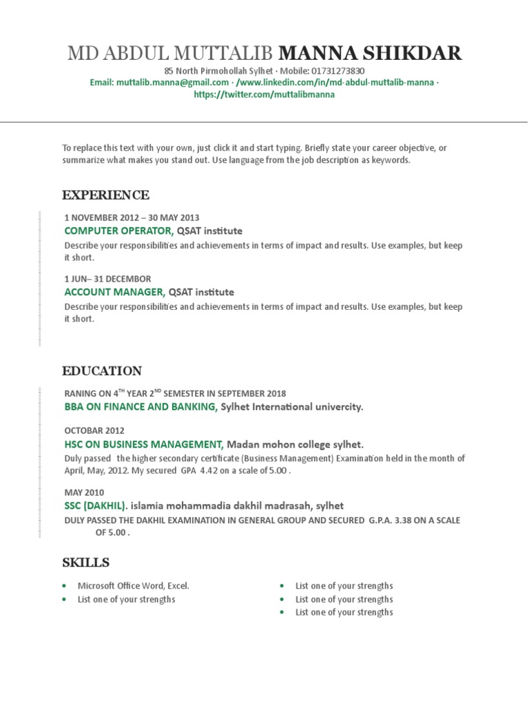 MD Abdul Muttalib Manna Shikdar Resume | PDF | Business | Self-Improvement