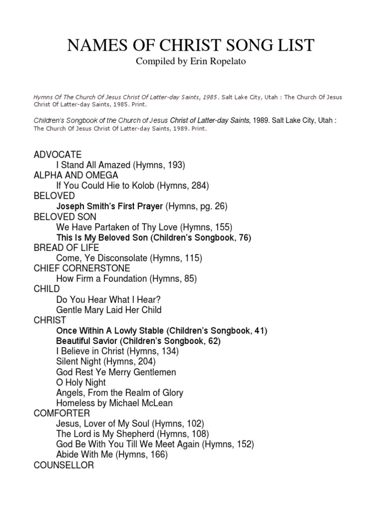 Names of Christ Song List | PDF | Hymns | Nativity Of Jesus
