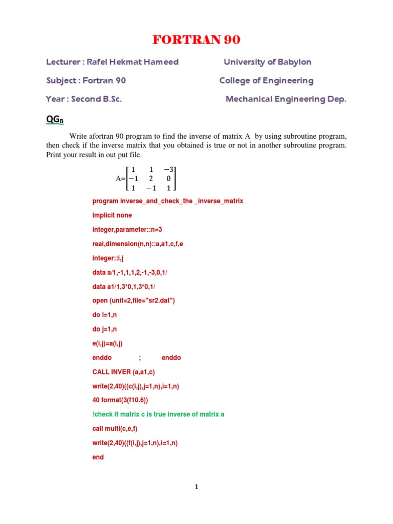 Fortran 90: !check If Matrix C Is True Inverse of Matrix A | PDF ...