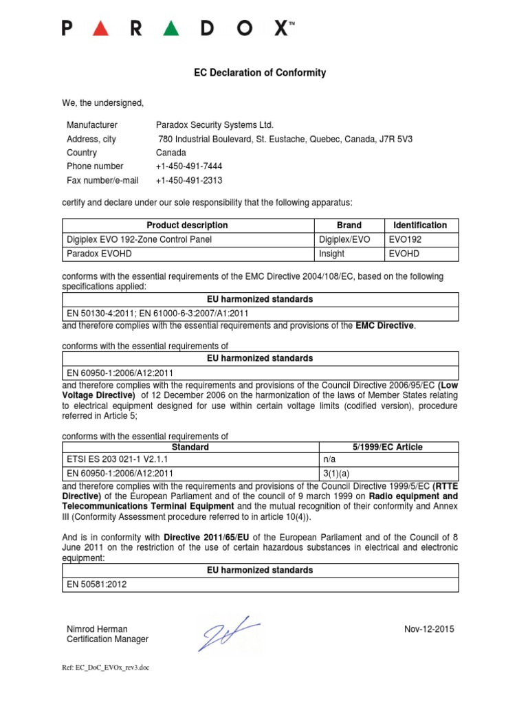 Ec Declaration of Conformity: Ref: Ec - Doc - Evox - Rev3 | PDF ...