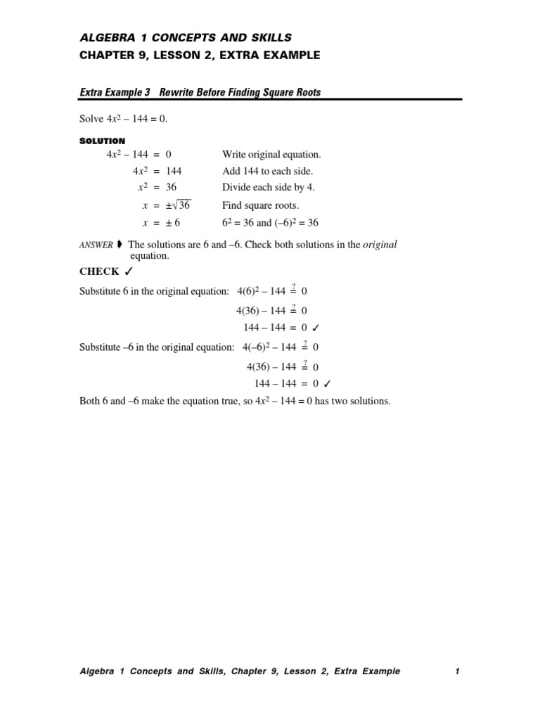 Chapter 9, Lesson 2, Extra Example: Algebra 1 Concepts and Skills | PDF