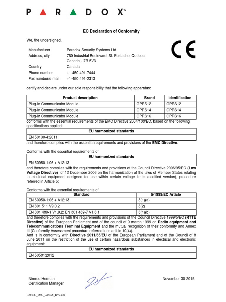 Ec Declaration of Conformity: Ref: Ec - Doc - GPRSX - Rev2 | PDF ...