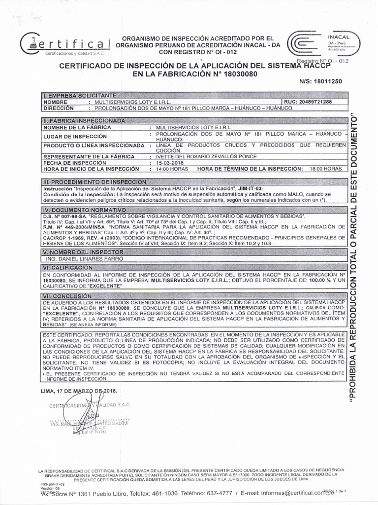 Certificado De Aplicacion De Plan Haccp Pdf