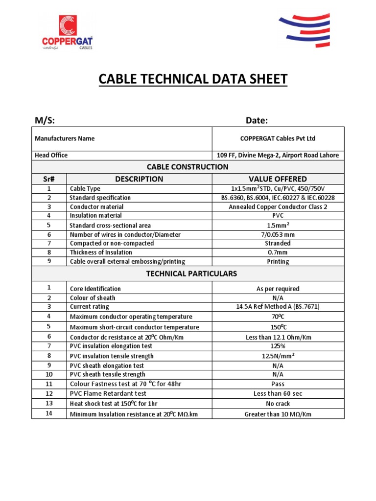 Cable Technical Data Sheet: M/S: Date | PDF | Electrical Conductor ...