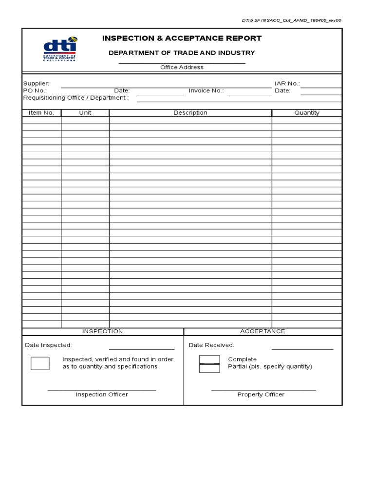 Inspection & Acceptance Report: Department of Trade and Industry | PDF