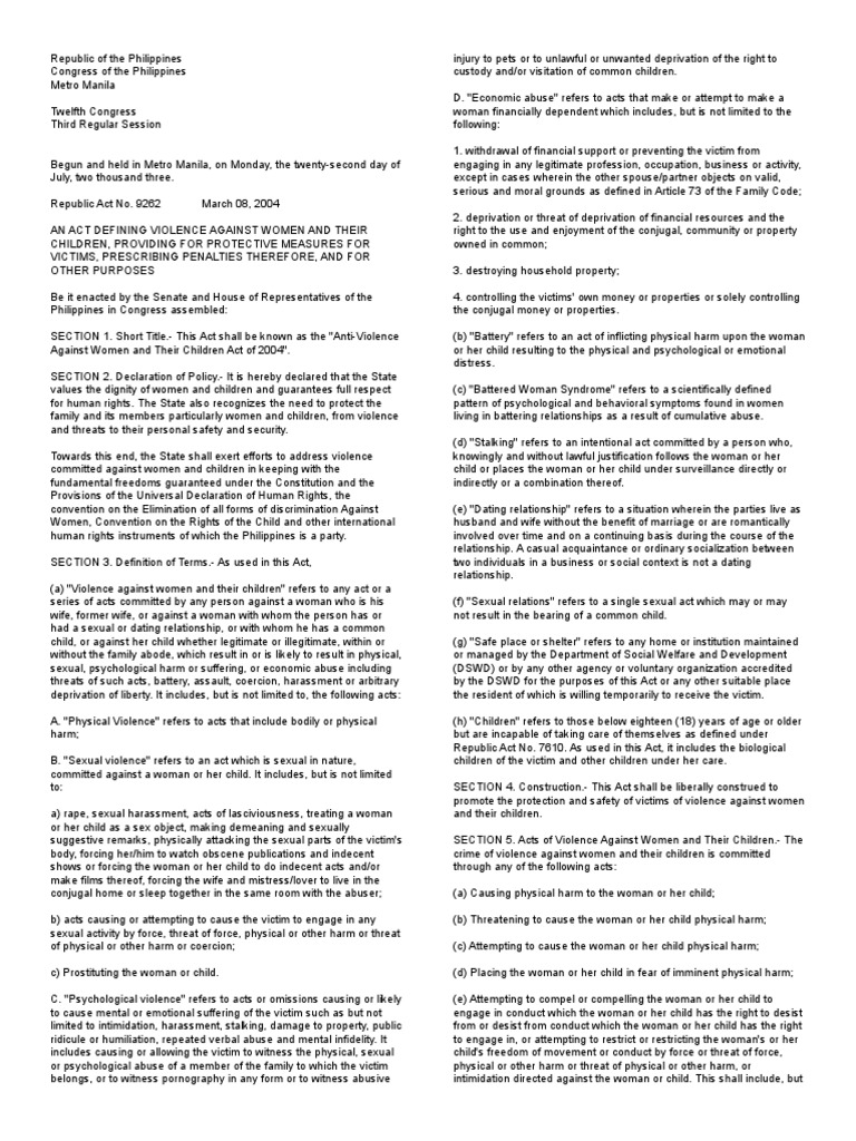 Ra 9262 | PDF | Restraining Order | Violence