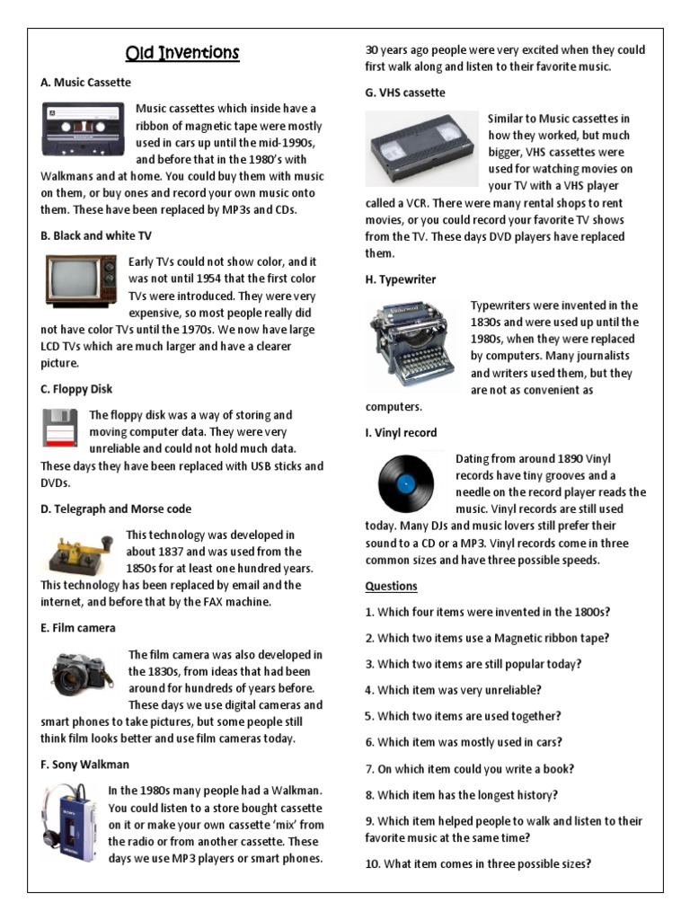 Old Inventions Reading Comprehension Exercises | PDF | Compact Cassette ...