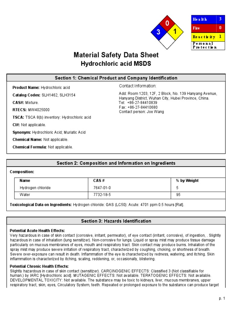 Hydrochloric Acid Safety Data Sheet | PDF | Dangerous Goods | Toxicity