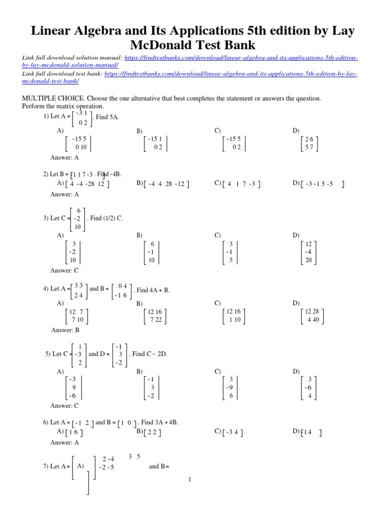 Linear Algebra and Its Applications 5th Edition by Lay McDonald Test ...