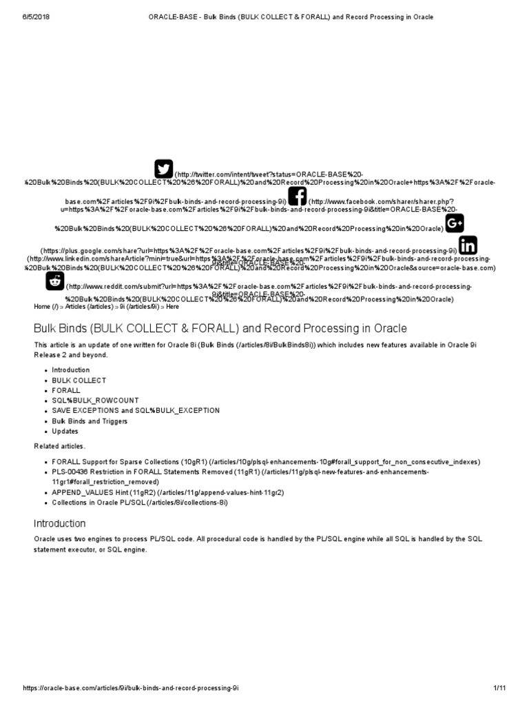 Oracle-Base - Bulk Binds (Bulk Collect & Forall) and Record Processing in Oracle | PDF | Pl/Sql ...