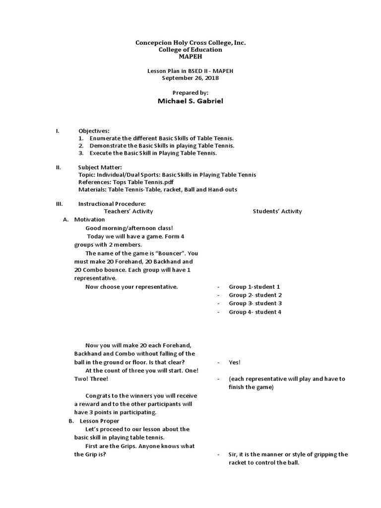 Table Tennis Lesson Plan | PDF | Table Tennis | Racquet Sports