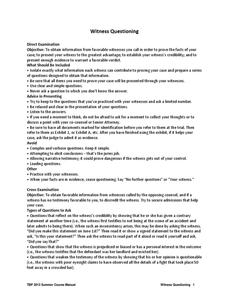 TBP 2013 Summer Course Manual Witness Questioning 1 | PDF | Witness ...