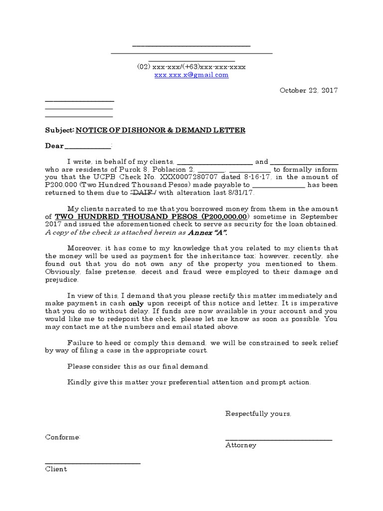 Notice of Dishonor Sample | PDF | Finance & Money Management