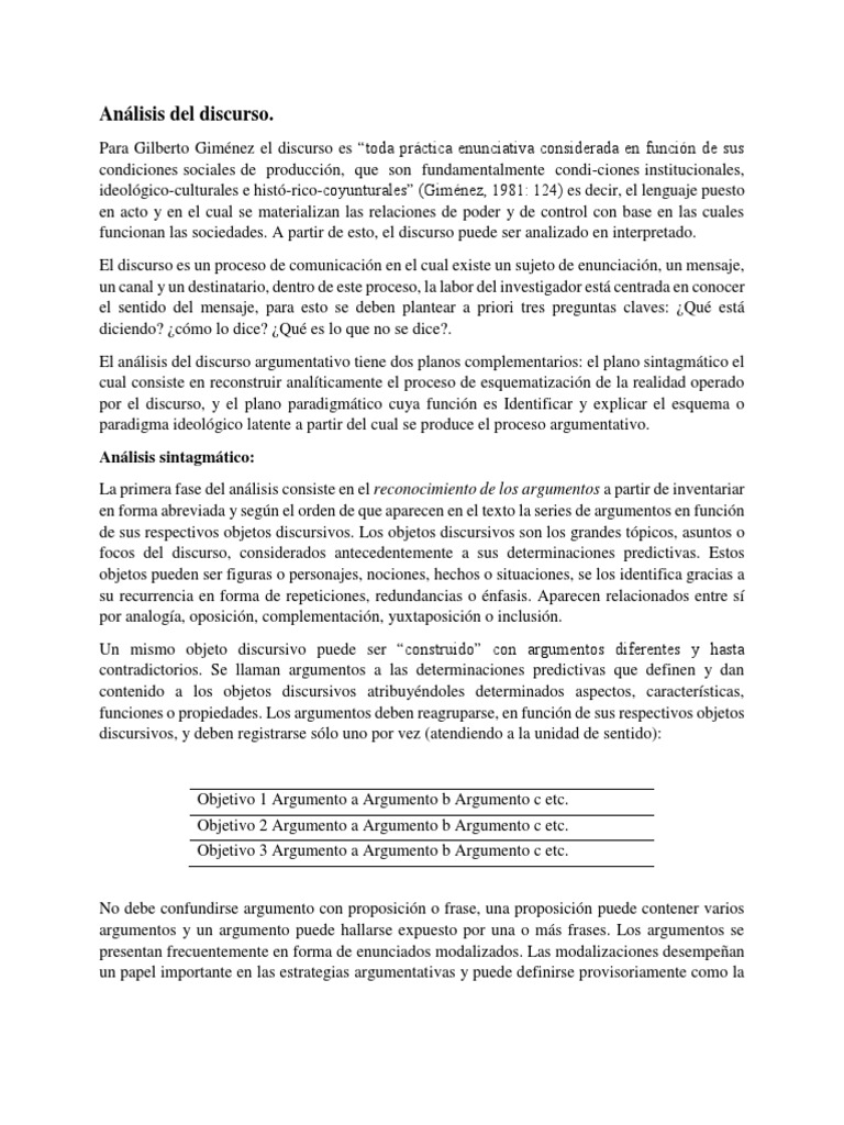 Aplicación de Análisis Del Discurso de Gilberto Giménez | PDF | Argumento | Proposición