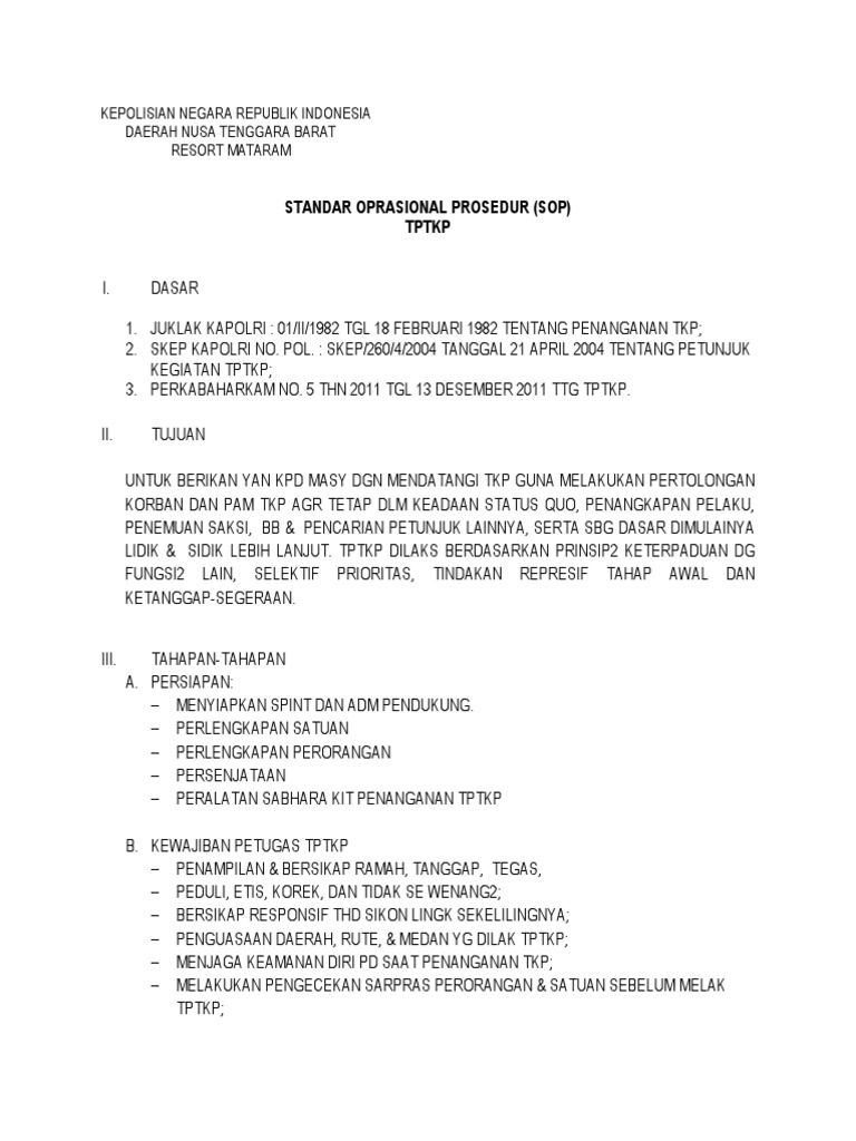 Standar Oprasional Prosedur Sop TPTKP | PDF