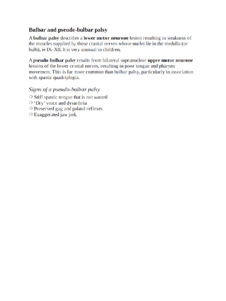 Bulbar and Pseudobulbar Palsy | PDF