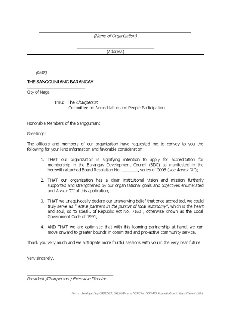 Accreditation Form Barangay | Non Governmental Organization | Board Of ...