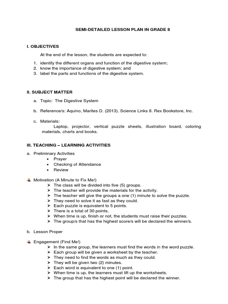 Grade 8 Digestive System Lesson Plan | PDF | Small Intestine | Human ...