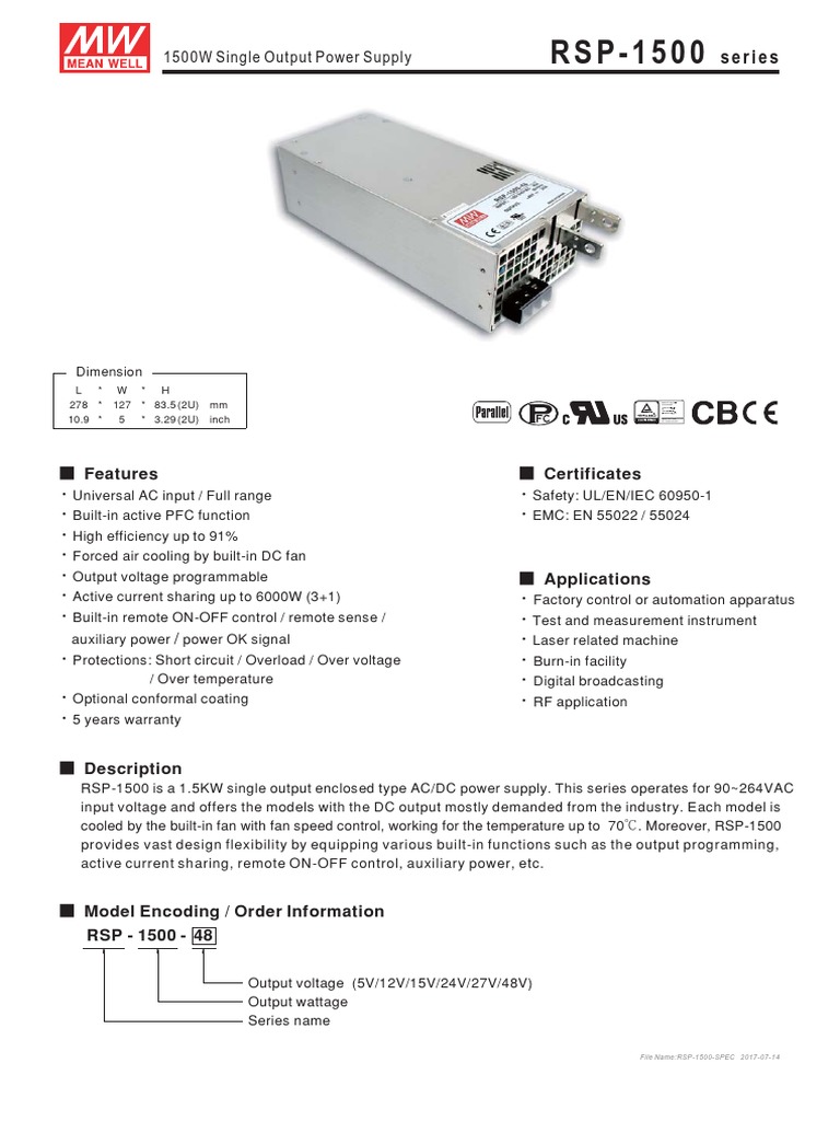 RSP 1500 Spec | PDF | Power Supply | Alternating Current