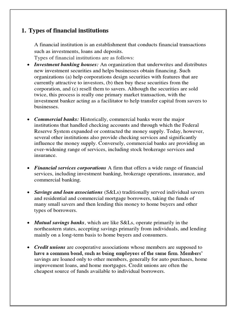 Types of Financial Institutions Explained | PDF | Financial Markets ...