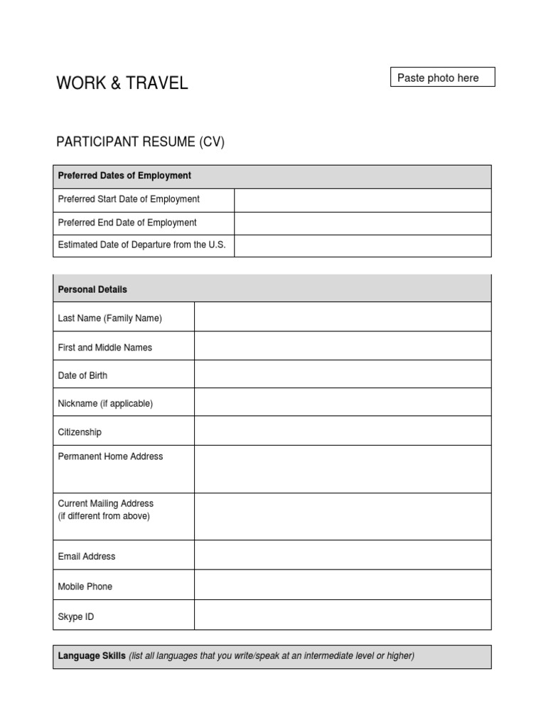 Work & Travel: Participant Resume (CV) | PDF | Employment | Communication