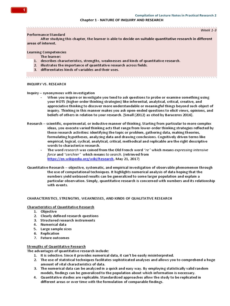 Lecture Notes in Practical Research 2 Part 1 | PDF | Quantitative ...