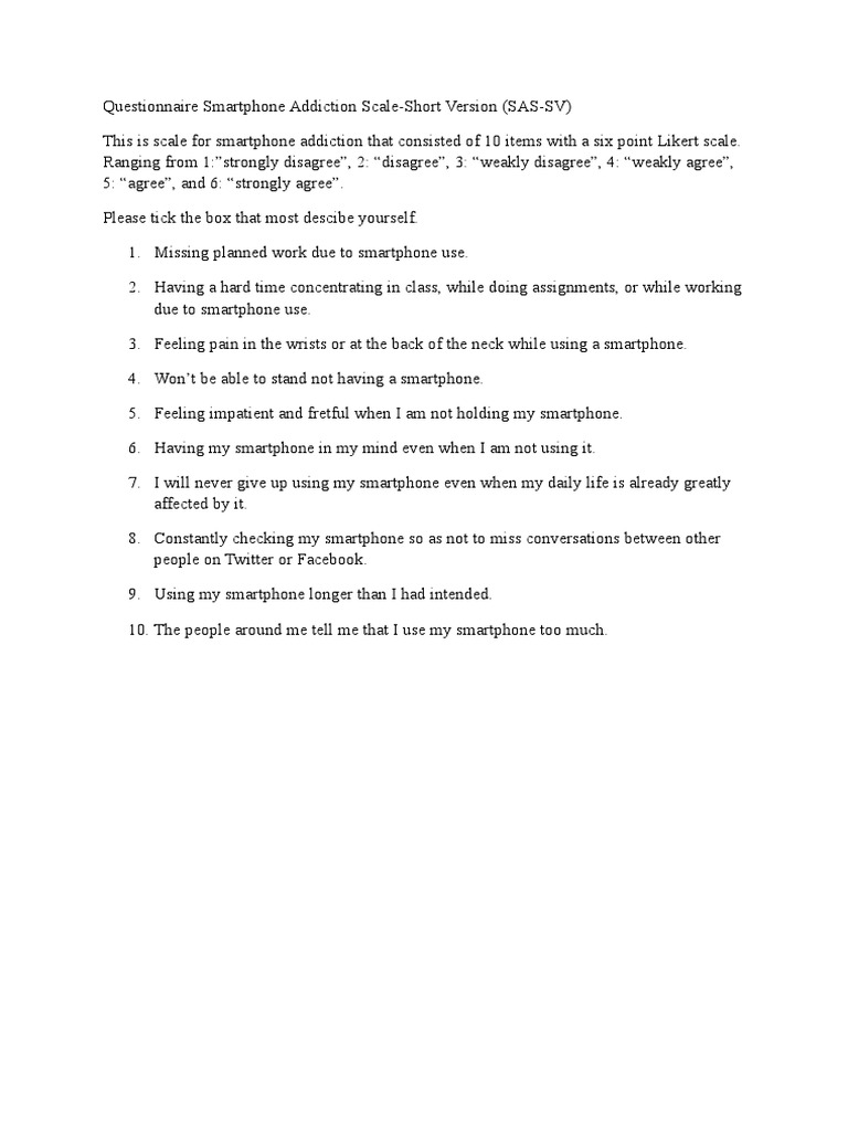 Questionnaire Smartphone Addiction Scale FIX | PDF