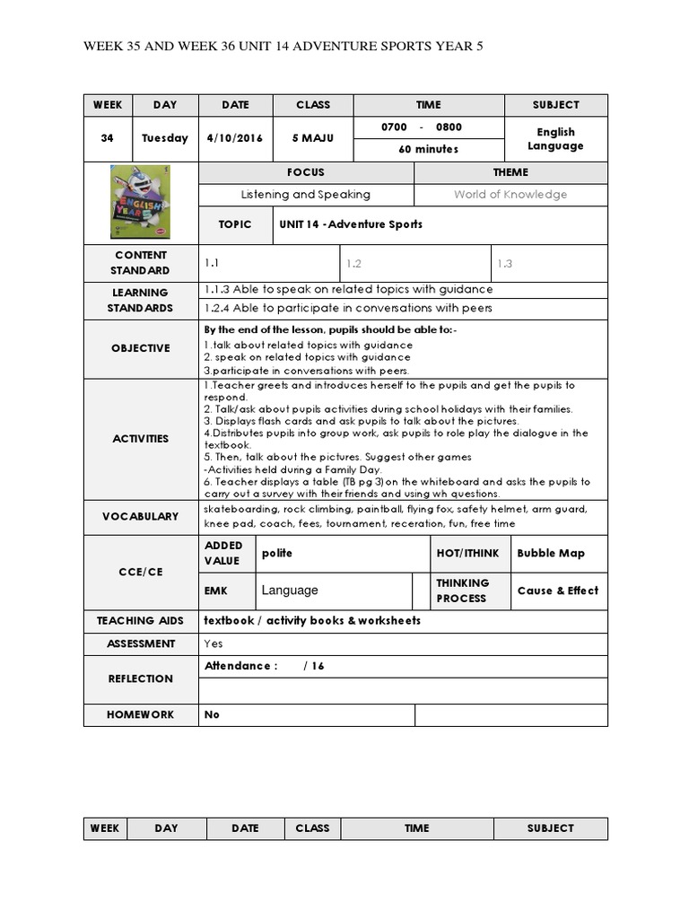 Year 5 Adventure Sports Lessons | PDF | English Language | Vocabulary