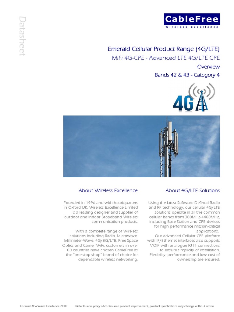 CableFree 4G-LTE Cellular CPE - MiFi Cat4 Band 42-43 Datasheet | PDF ...