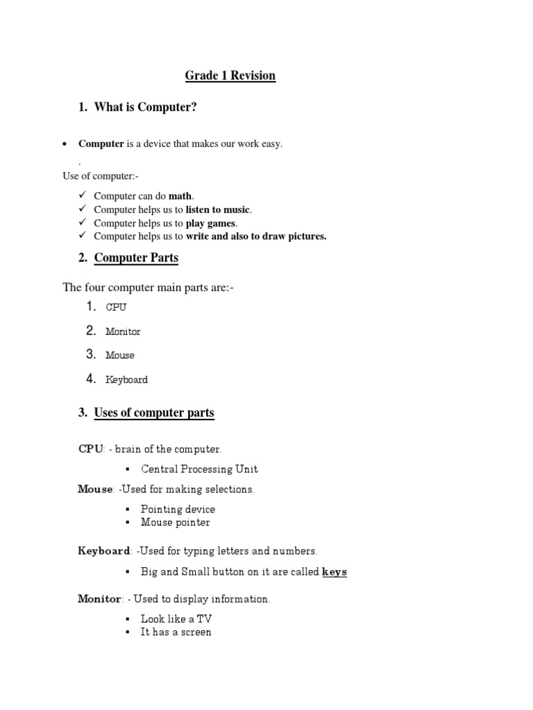 Grade 1 Revision 1 What Is Computer The Four Computer Main Parts Are