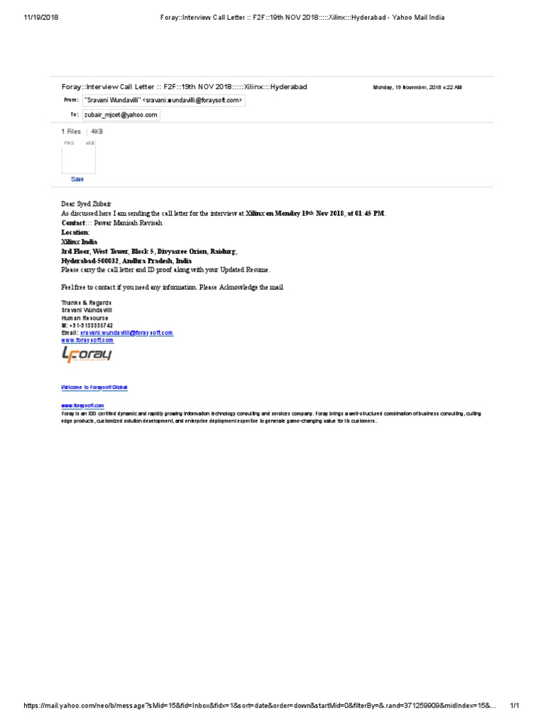 Foray Interview Call Letter F2F 19th NOV 2018 Xilinx Hyderabad - Yahoo Mail India | PDF | Career ...