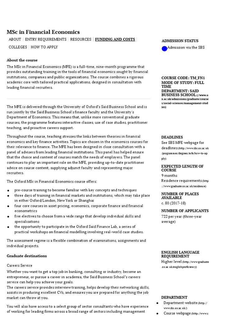 Ox - MSC in Financial Economics - University of Oxford | PDF | Fee ...