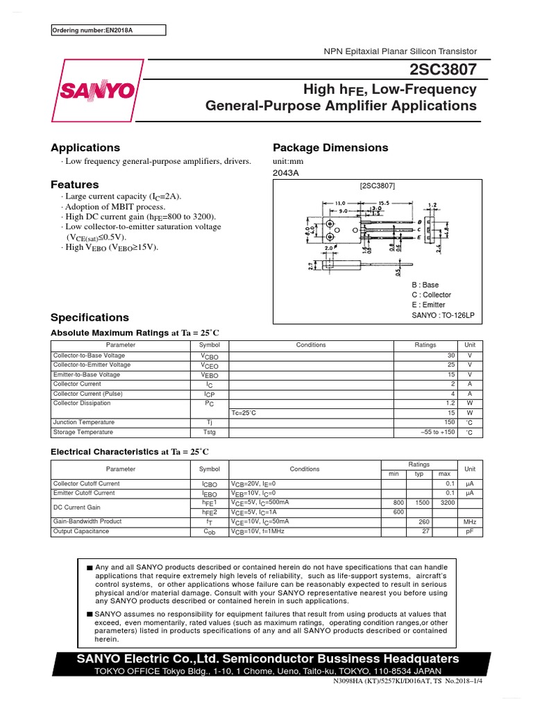 C3807-Sanyo Semicon Device | PDF | Electricity | Electromagnetism