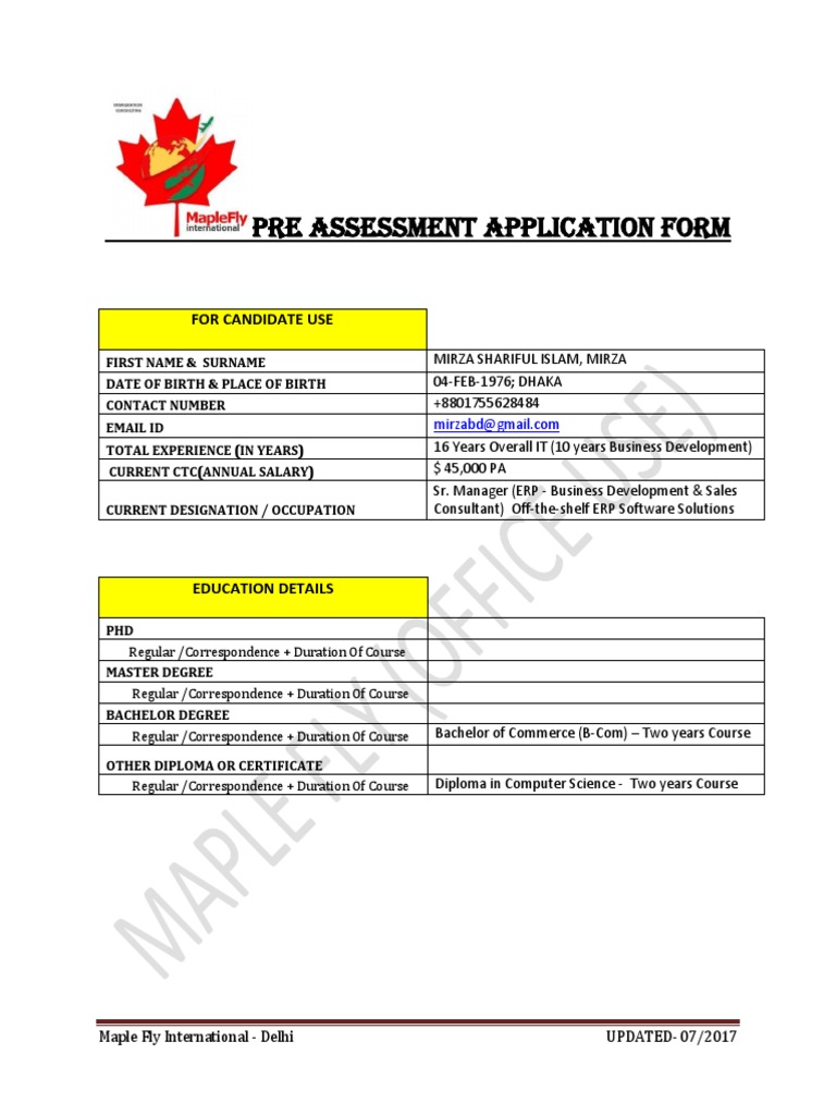 Pre Assessment Application Form: For Candidate Use | PDF | Academic ...