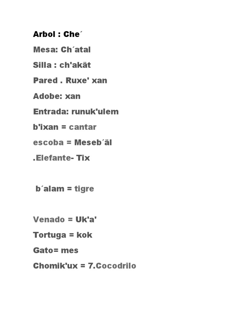 Mayan Vocabulary List: Animals & Objects | PDF