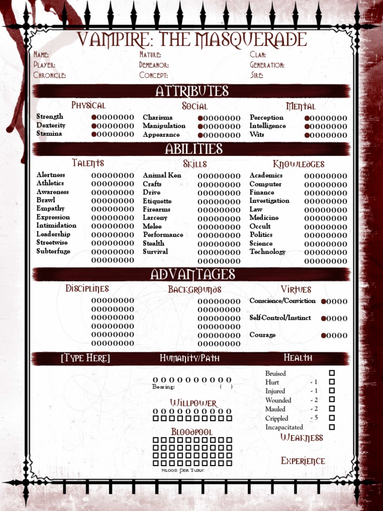 v20 Character Sheet | Role Playing Games | Leisure