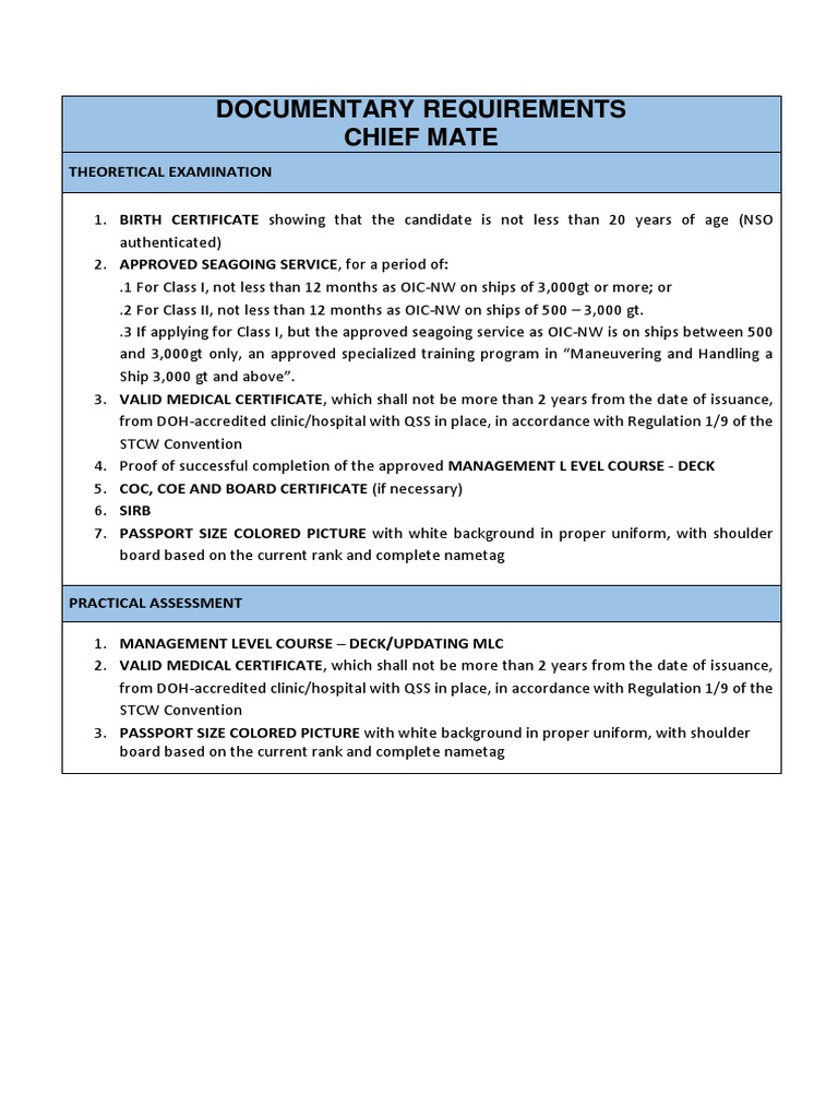 Documentary Requirements Chief Mate: Theoretical Examination | PDF