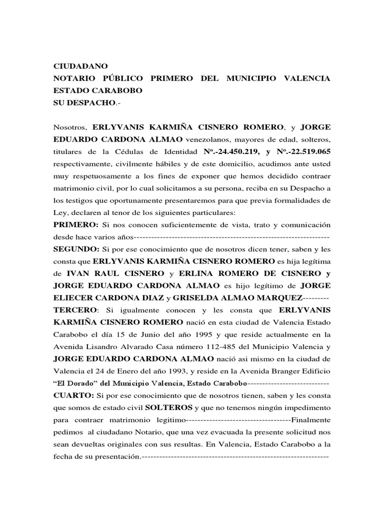 Solicitud de matrimonio civil ante notario público | PDF