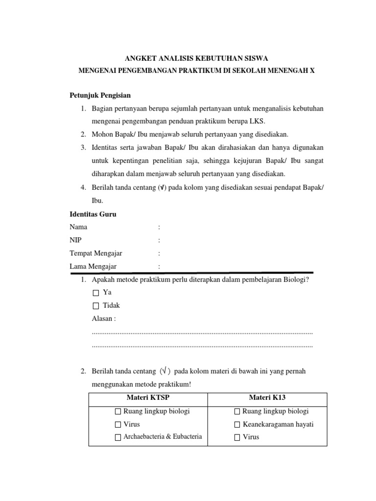 Angket Analisis Kebutuhan Siswa | PDF