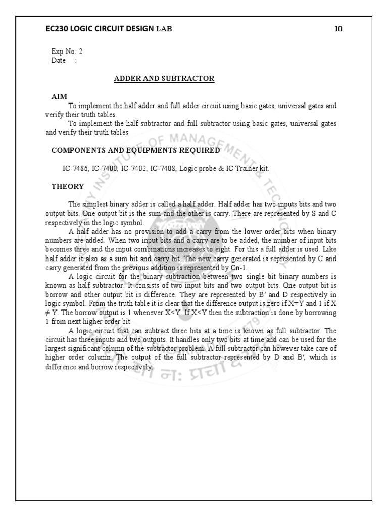 EC230 LOGIC CIRCUIT DESIGN LAB Adder and Subtractor Circuits | PDF | Logic Gate | Digital ...