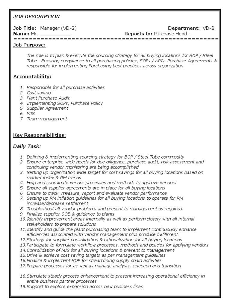 Vendor Development Manager Job Description | PDF | Supply Chain ...