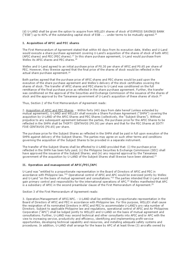 I. Acquisition of APIC and PEC Shares | PDF | Stocks | Board Of Directors