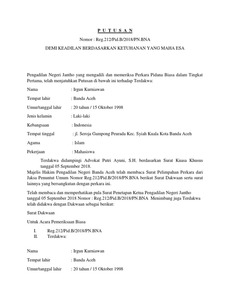 Contoh Putusan Perkara Pidana | PDF
