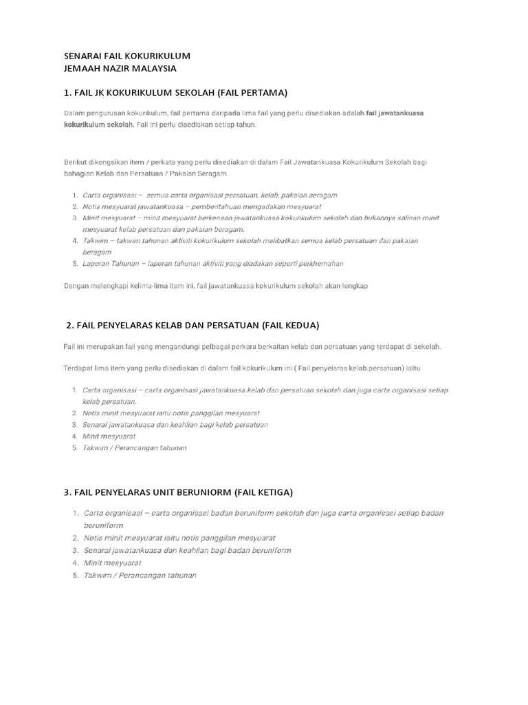 Senarai Fail Kokurikulum 2019 | PDF