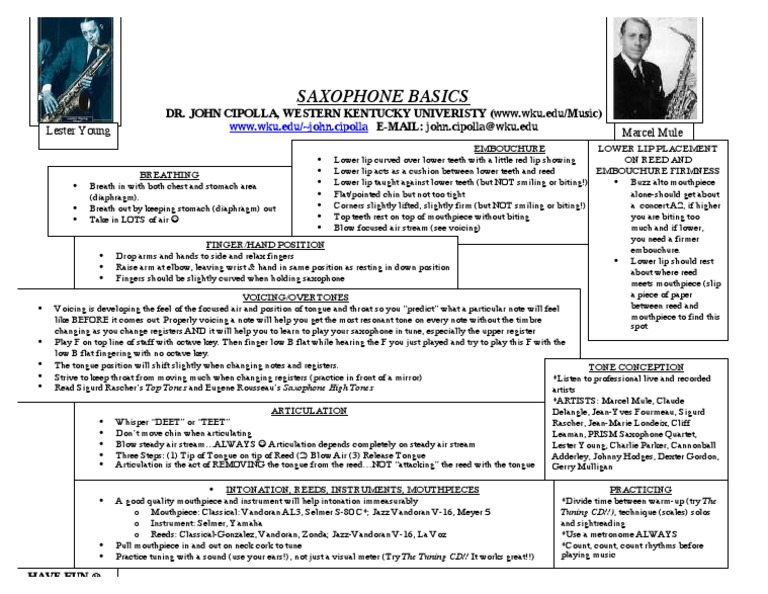 Saxophone Basics: Embouchure, Breathing, Fingering, Articulation | PDF ...