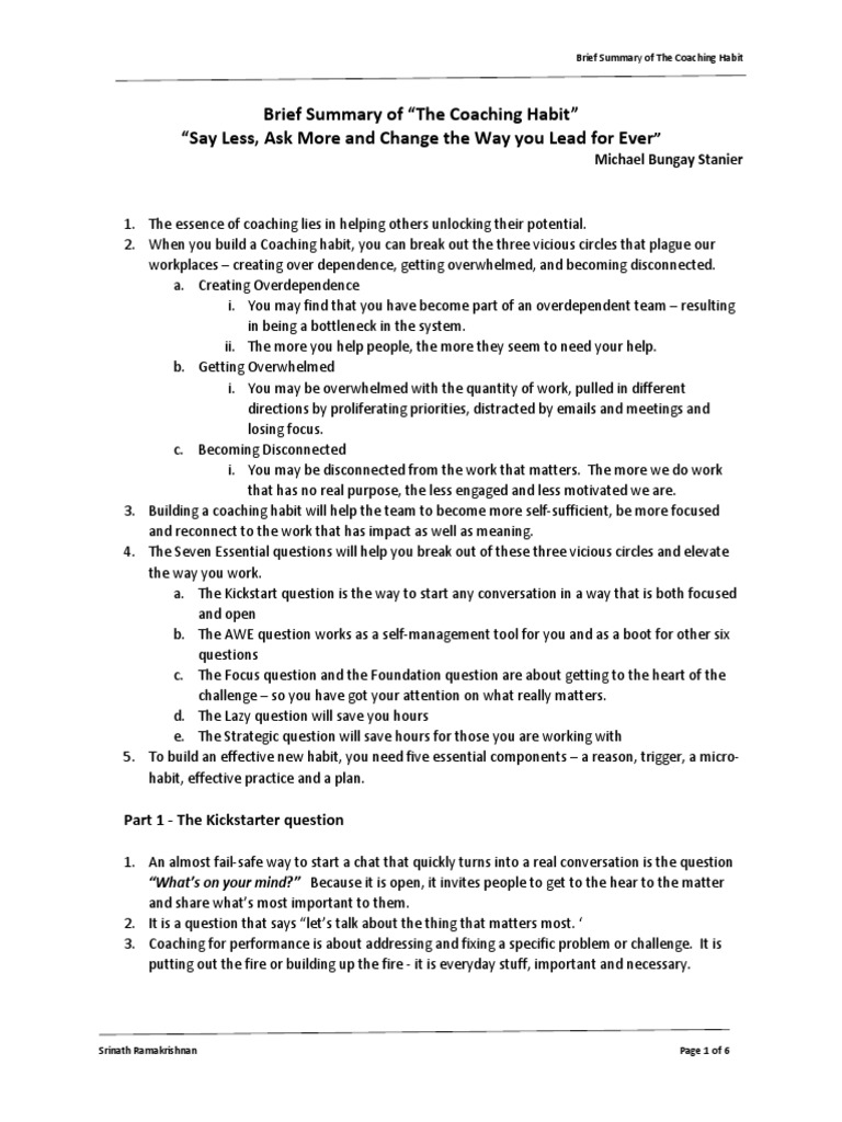 Brief Summary of The Coaching Habit PDF | Download Free PDF | Question ...