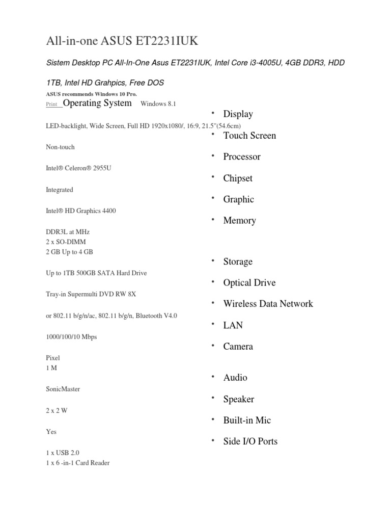 Specificatii All-In One ASUS | PDF | Secure Digital | Usb