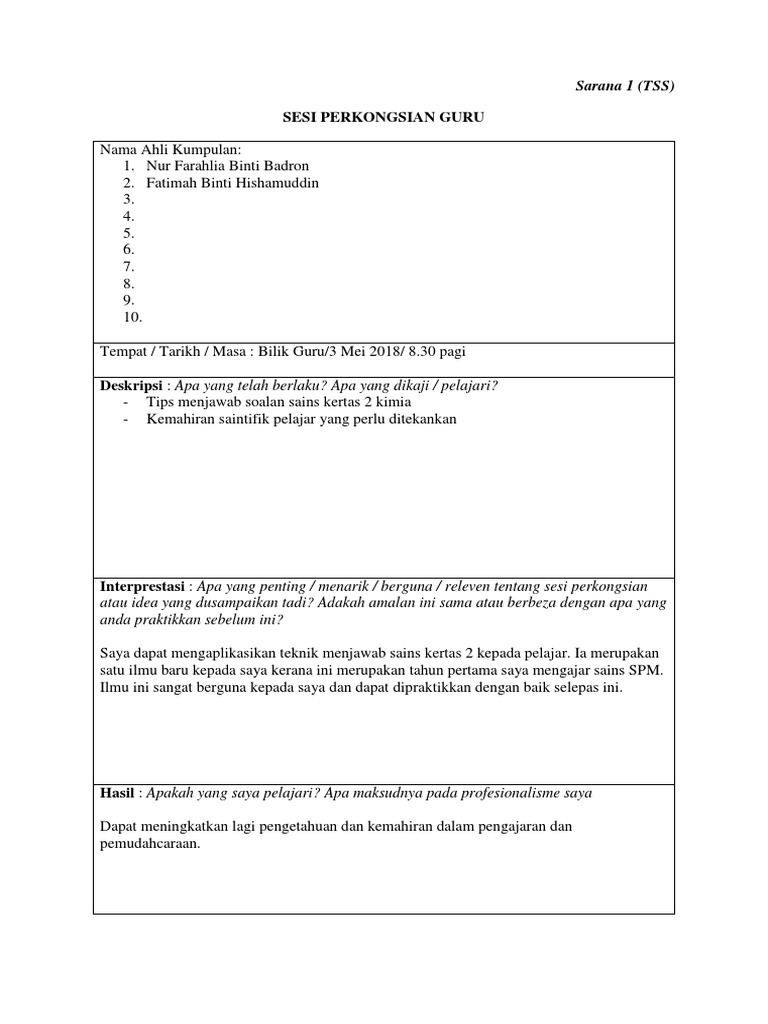 Borang Teacher Sharing Session (PLC) | PDF