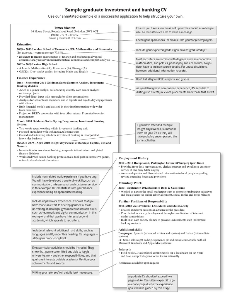 Annotated Graduate Investment Banking CV | PDF | Investment Banking ...